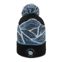 China Custom Jacquard Woven Patch Hockey Pompom Beanie 58cm Acrylic Winter Hat for sale