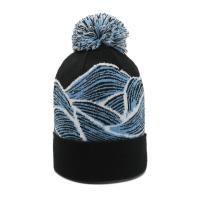 China Custom Jacquard Woven Patch Hockey Pompom Beanie 58cm Acrylic Winter Hat for sale
