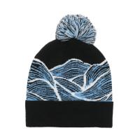 China Custom Jacquard Woven Patch Hockey Pompom Beanie 58cm Acrylic Winter Hat for sale