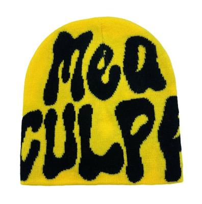 China Custom Jacquard Logo 100% Acrylic Cuffless Beanie Hats 58cm Unisex for sale