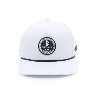 China Custom 5 Panel Laser Cut Perforated Trucker Hat with Rope Curved Brim 58cm for sale