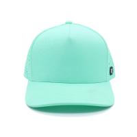 China Blue Curved Brim Hat With Custom Rubber Patch Logo And Waterproof Laser Cut Design for sale