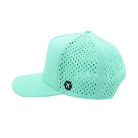 China Blue Curved Brim Hat With Custom Rubber Patch Logo And Waterproof Laser Cut Design for sale
