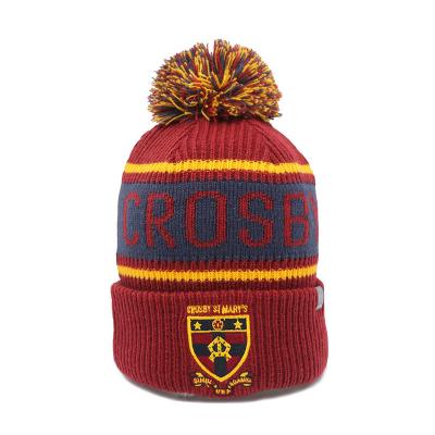China Custom Embroidery Logo Kids Knitted Winter Warm Beanies 58cm Fleece Lined Pom Pom Beanie for sale