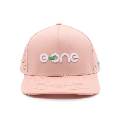 China Custom Women Pink 5 Panel Rubber PVC Logo Waterproof Laser Cut Hole Perforated Hat Curved Brim Baseball Hat 58cm for sale