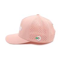 China Custom Women Pink 5 Panel Rubber PVC Logo Waterproof Laser Cut Hole Perforated Hat Curved Brim Baseball Hat 58cm for sale