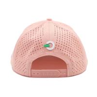 China Custom Women Pink 5 Panel Rubber PVC Logo Waterproof Laser Cut Hole Perforated Hat Curved Brim Baseball Hat 58cm for sale
