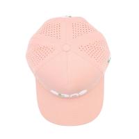 China Custom Women Pink 5 Panel Rubber PVC Logo Waterproof Laser Cut Hole Perforated Hat Curved Brim Baseball Hat 58cm for sale