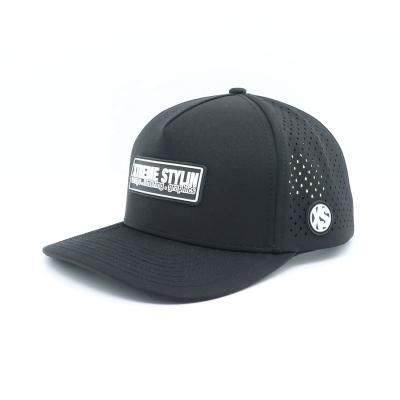 China 5 Panel Rubber PVC Waterproof Laser Cut Hole Perforated Hat Black Performance Hat for sale