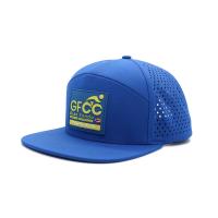 China Flat Brim Baseball Hat With 7-Panel Embossed Rubber PVC Logo Waterproof Laser Cut Hole for sale