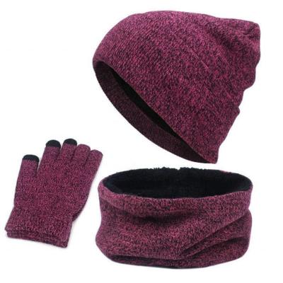 China Wholesale 3 Piece Beanie Neck Warmer Touchscreen Gloves Set Acrylic Winter Hat Scarf Glove Set Custom Size 22x33cm for sale