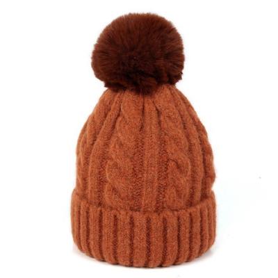 China Wholesale Rabbit Fur Pom Pom Beanie 58cm Winter Warm Knitted Acrylic Bobble Hat for sale