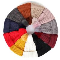 China Wholesale Rabbit Fur Pom Pom Beanie 58cm Winter Warm Knitted Acrylic Bobble Hat for sale
