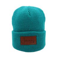 China Leather Patch Beanie Knitted Hat Winter Hats Fisherman Beanie COMMON Fabric Feature for sale