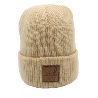 China Leather Patch Beanie Knitted Hat Winter Hats Fisherman Beanie COMMON Fabric Feature for sale