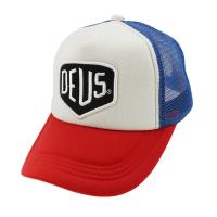 China Adjustable 58cm Embroidered Foam Front High Crown Mesh Trucker Hat Red Blue for sale