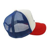China Adjustable 58cm Embroidered Foam Front High Crown Mesh Trucker Hat Red Blue for sale