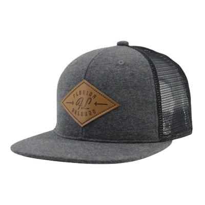 China Custom Heather Gray Mesh Trucker Baseball Cap 58cm with Leather Patch Design for sale