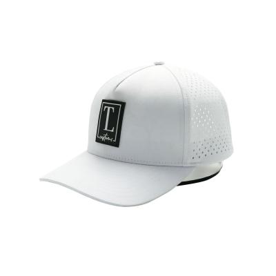 China Custom Rubber Patch 5 Panel Perforated Laser Hole White Hat For Unisex Baseball Cap for sale