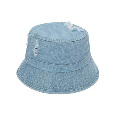 China Custom Logo Women Vintage Cotton Polyester Distressed Denim Fishing Bucket Hat 58cm for sale