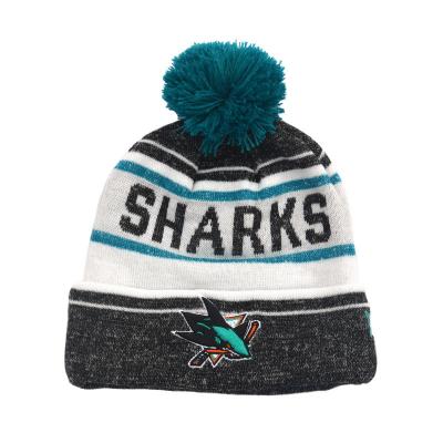 China Custom Knitted Acrylic Pom Pom Beanie Hats for Soccer Football Team Winter Warm Jacquard Embroidery Logo for sale