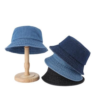 China Custom Embroidered Washed Denim Bucket Hat Wide Brim Cotton Fisherman Sun Hat for Adults for sale