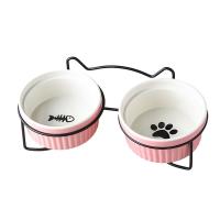 China 290/420/700g Double Cat Bowl with Iron Stand Slanted Ceramic Pet Dish Anti-Spill Neck Support Imprint Fish Bone/Cat's Paw for sale