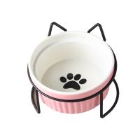 China 290/420/700g Double Cat Bowl with Iron Stand Slanted Ceramic Pet Dish Anti-Spill Neck Support Imprint Fish Bone/Cat's Paw for sale