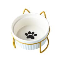 China 290/420/700g Double Cat Bowl with Iron Stand Slanted Ceramic Pet Dish Anti-Spill Neck Support Imprint Fish Bone/Cat's Paw for sale