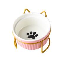 China 290/420/700g Double Cat Bowl with Iron Stand Slanted Ceramic Pet Dish Anti-Spill Neck Support Imprint Fish Bone/Cat's Paw for sale