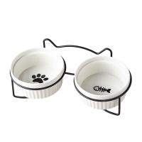 China 290/420/700g Double Cat Bowl with Iron Stand Slanted Ceramic Pet Dish Anti-Spill Neck Support Imprint Fish Bone/Cat's Paw for sale