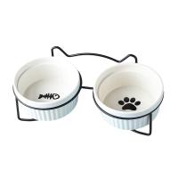China 290/420/700g Double Cat Bowl with Iron Stand Slanted Ceramic Pet Dish Anti-Spill Neck Support Imprint Fish Bone/Cat's Paw for sale