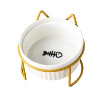 China 290/420/700g Double Cat Bowl with Iron Stand Slanted Ceramic Pet Dish Anti-Spill Neck Support Imprint Fish Bone/Cat's Paw for sale