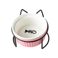 China 290/420/700g Double Cat Bowl with Iron Stand Slanted Ceramic Pet Dish Anti-Spill Neck Support Imprint Fish Bone/Cat's Paw for sale