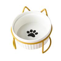 China 290/420/700g Double Cat Bowl with Iron Stand Slanted Ceramic Pet Dish Anti-Spill Neck Support Imprint Fish Bone/Cat's Paw for sale