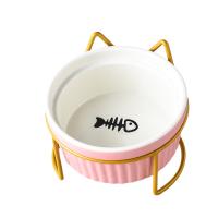 China 290/420/700g Double Cat Bowl with Iron Stand Slanted Ceramic Pet Dish Anti-Spill Neck Support Imprint Fish Bone/Cat's Paw for sale