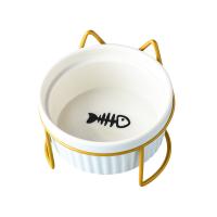 China 290/420/700g Double Cat Bowl with Iron Stand Slanted Ceramic Pet Dish Anti-Spill Neck Support Imprint Fish Bone/Cat's Paw for sale