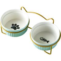 China 290/420/700g Double Cat Bowl with Iron Stand Slanted Ceramic Pet Dish Anti-Spill Neck Support Imprint Fish Bone/Cat's Paw for sale