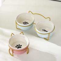 China 290/420/700g Double Cat Bowl with Iron Stand Slanted Ceramic Pet Dish Anti-Spill Neck Support Imprint Fish Bone/Cat's Paw for sale
