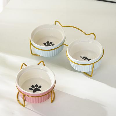 China 290/420/700g Double Cat Bowl with Iron Stand Slanted Ceramic Pet Dish Anti-Spill Neck Support Imprint Fish Bone/Cat's Paw for sale