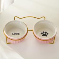 China 290/420/700g Double Cat Bowl with Iron Stand Slanted Ceramic Pet Dish Anti-Spill Neck Support Imprint Fish Bone/Cat's Paw for sale