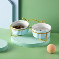 China 290/420/700g Double Cat Bowl with Iron Stand Slanted Ceramic Pet Dish Anti-Spill Neck Support Imprint Fish Bone/Cat's Paw for sale