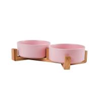 China Ceramic Double Pet Bowl with Bamboo Stand for Cats Dogs for sale