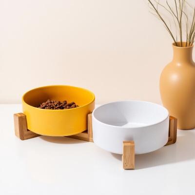 China Ceramic Double Pet Bowl with Bamboo Stand for Cats Dogs for sale
