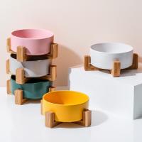 China Ceramic Double Pet Bowl with Bamboo Stand for Cats Dogs for sale