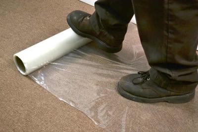 China 63 Micron 200' Sticky Back Self Adhesive Synthetic Carpeting Protection Film for sale