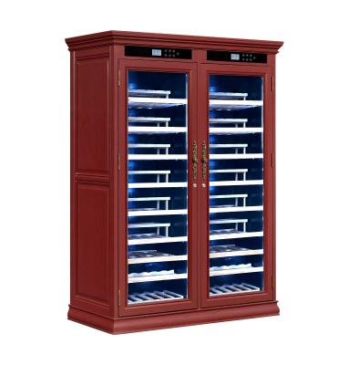 China Smart Touch Control Dual-Zone Wood Wine Cooler Cabinet With Locking Glass Door for sale
