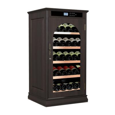 China Freestanding Black Wooden Wine Cooler Cabinet with Elegant Arched Glass Door and Climate Control Technology for sale