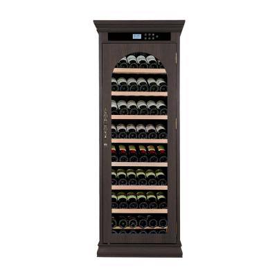 China Dark Brown Solid Wood Freestanding Wine Cooler Cabinet with Arched Glass Door and Digital Control Panel for sale