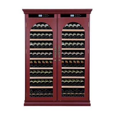 China Commercial-Grade Dual-Zone Wine Cooler Cabinet with Solid Wood Construction and Arched Glass Door for sale